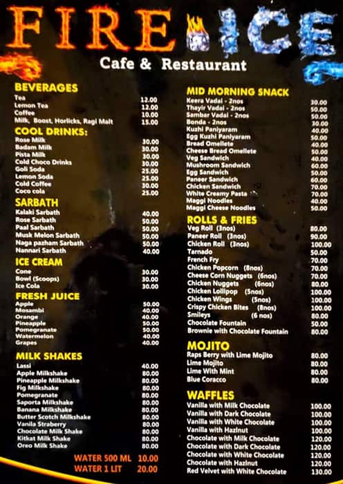 Menu of Fire And Ice Cafe Restaurant, Thiruvallur, Chennai