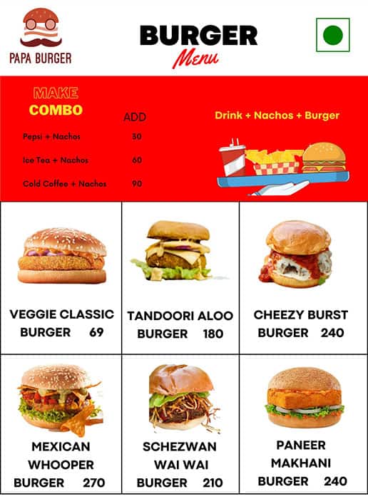 Menu of Papa Burger, Bangur, Kolkata