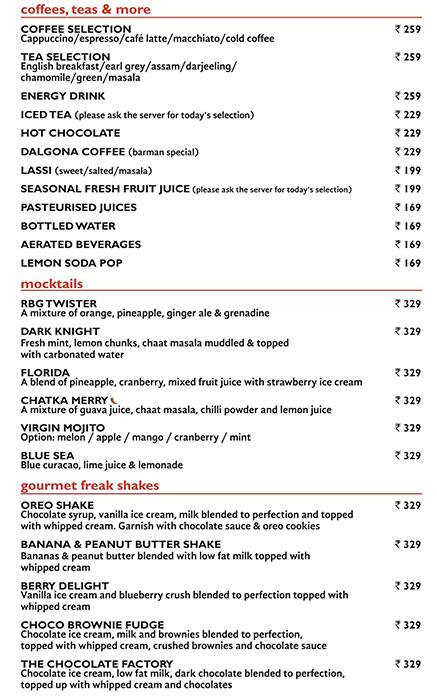 Menu of RBG - Park Inn By Radisson, Patparganj, New Delhi