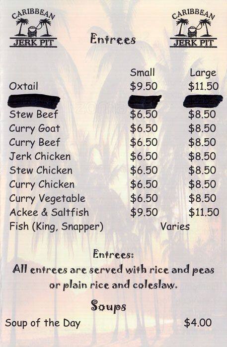Menu at Caribbean Jerk Pit restaurant, Richmond Hill