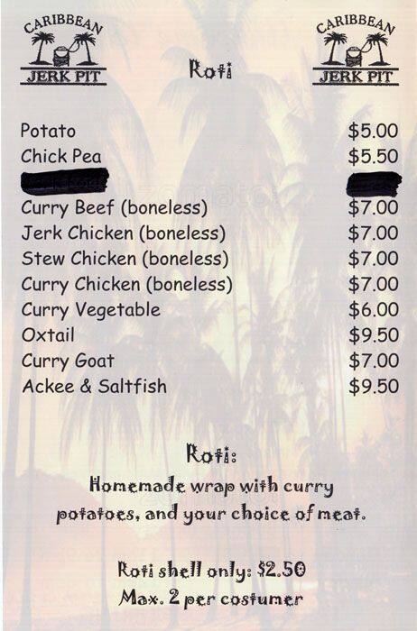 Menu at Caribbean Jerk Pit restaurant, Richmond Hill