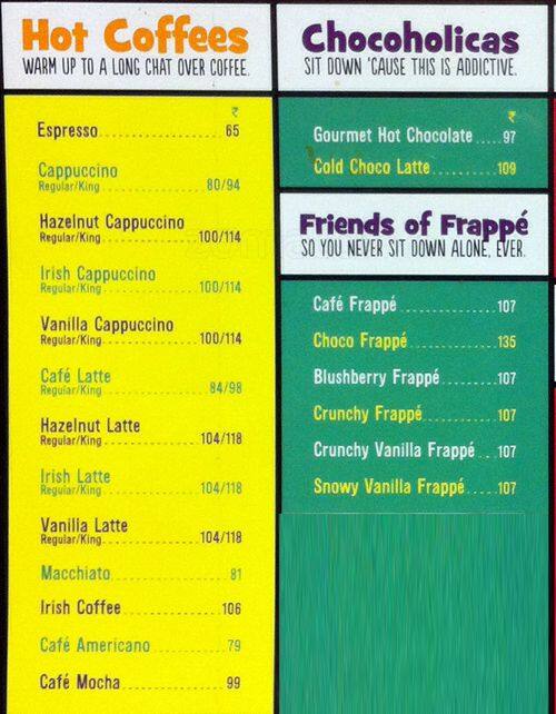 Menu At Cafe Coffee Day Hyderabad CC8X F45 Menu At Cafe Coffee Day Hyderabad CC8X F45