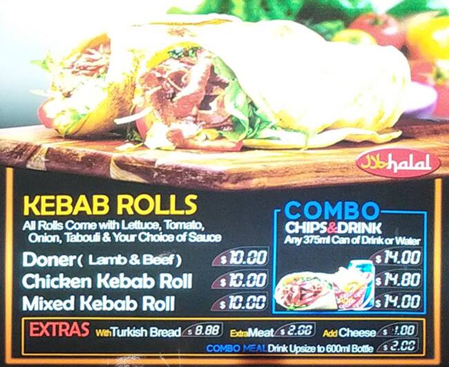 Menu at Toros Kebab restaurant, Rockdale
