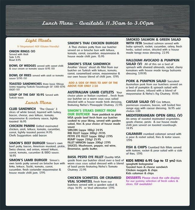 Menu at Simon's Gourmet Gallery cafe, Indooroopilly, 10/620 Moggill Rd