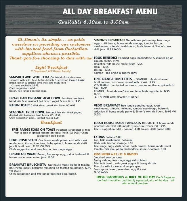Menu at Simon's Gourmet Gallery cafe, Indooroopilly, 10/620 Moggill Rd