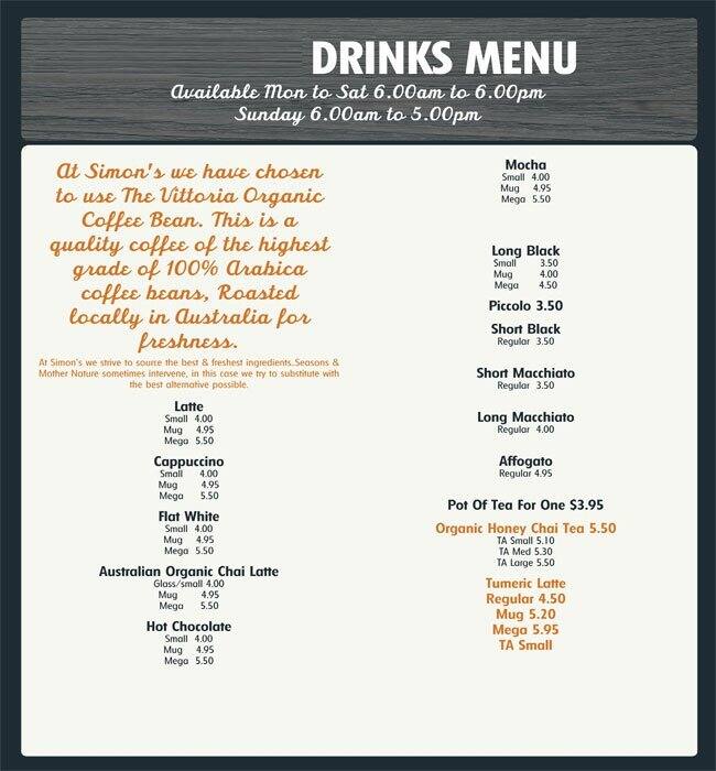 Menu at Simon's Gourmet Gallery cafe, Indooroopilly, 10/620 Moggill Rd