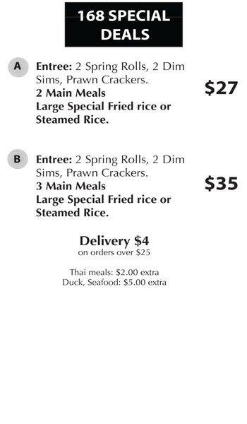 Menu at 168 Thai Chinese fast food, Albury