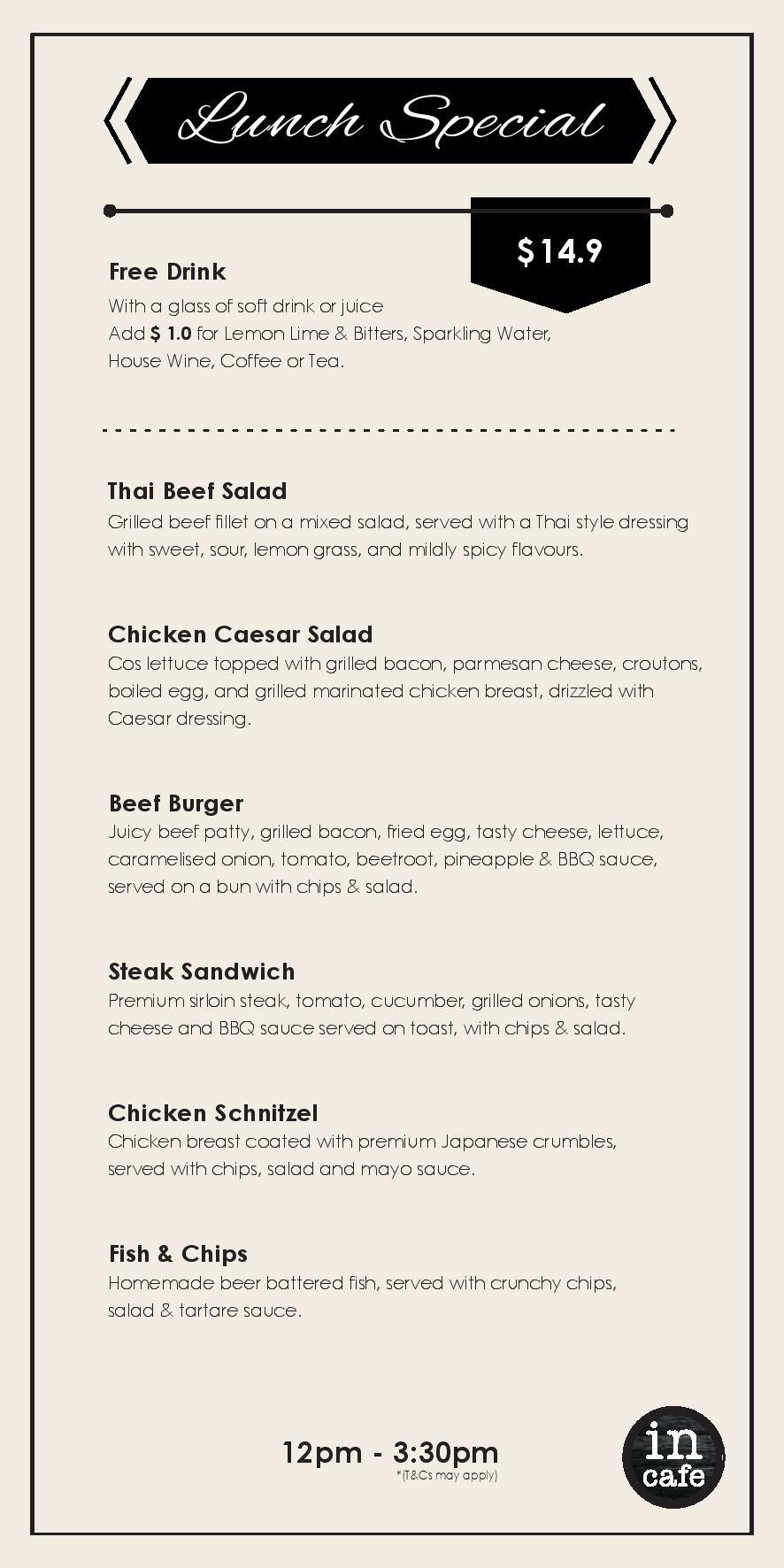 Menu at Incafe, Haymarket