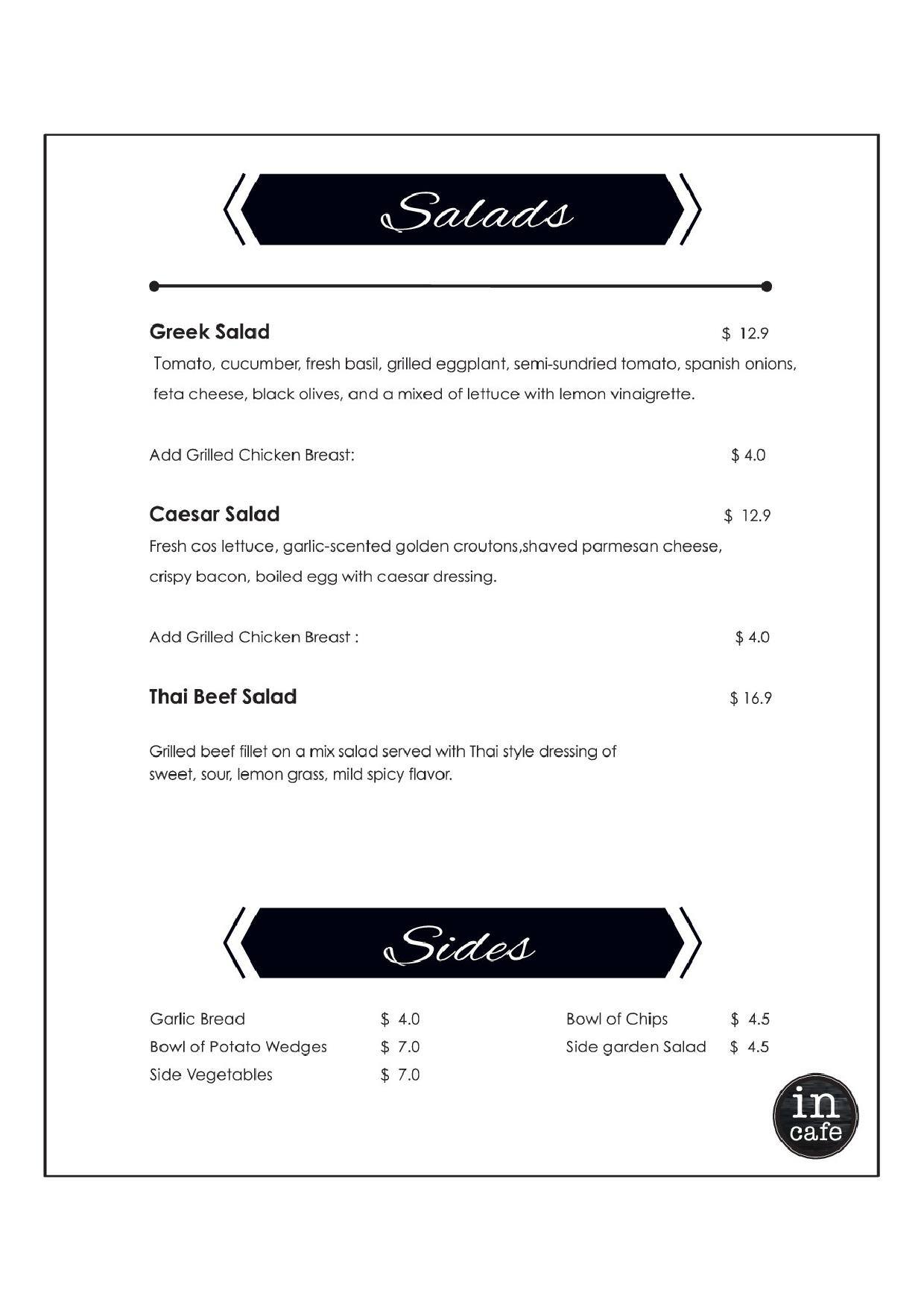 Menu at Incafe, Haymarket