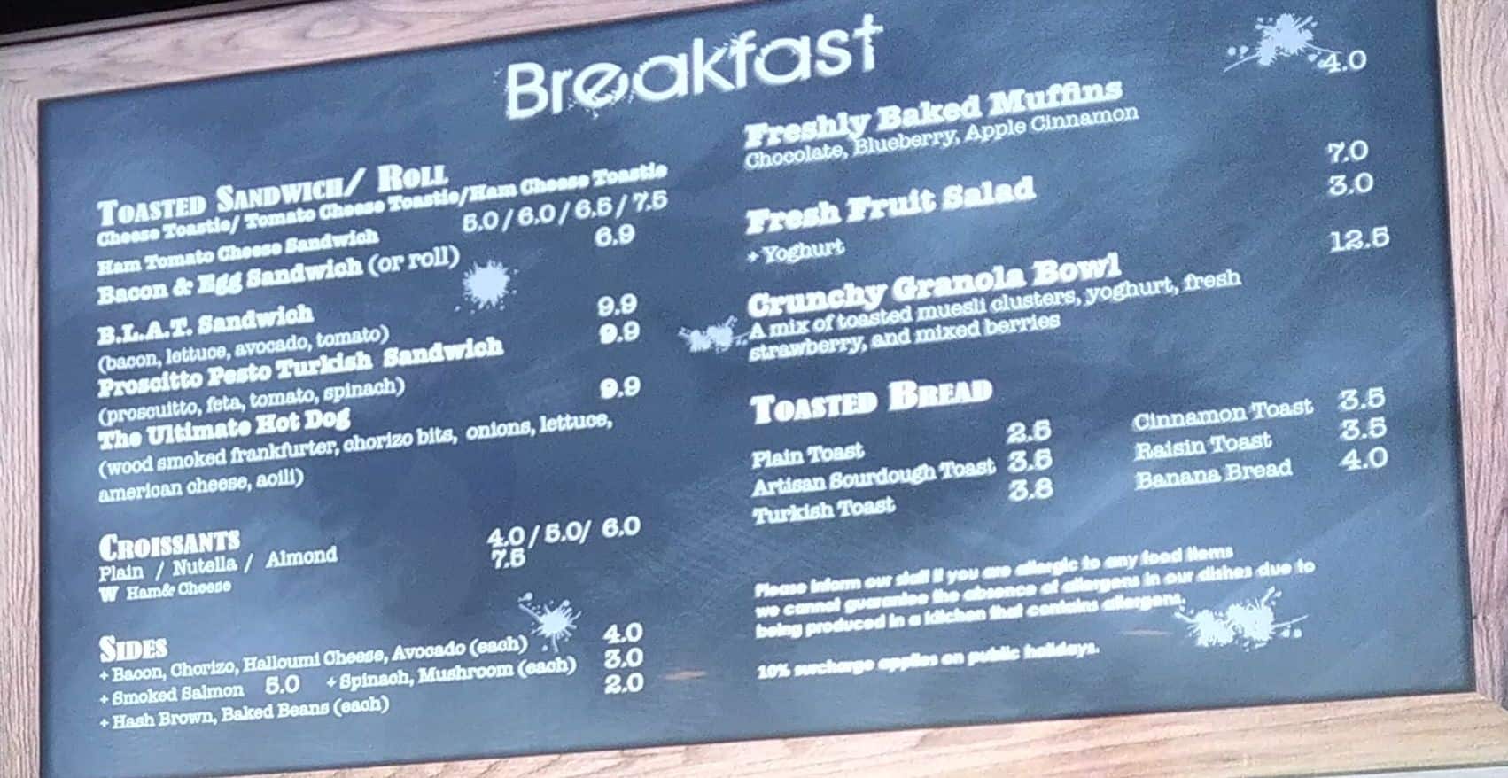 Menu at Incafe, Haymarket