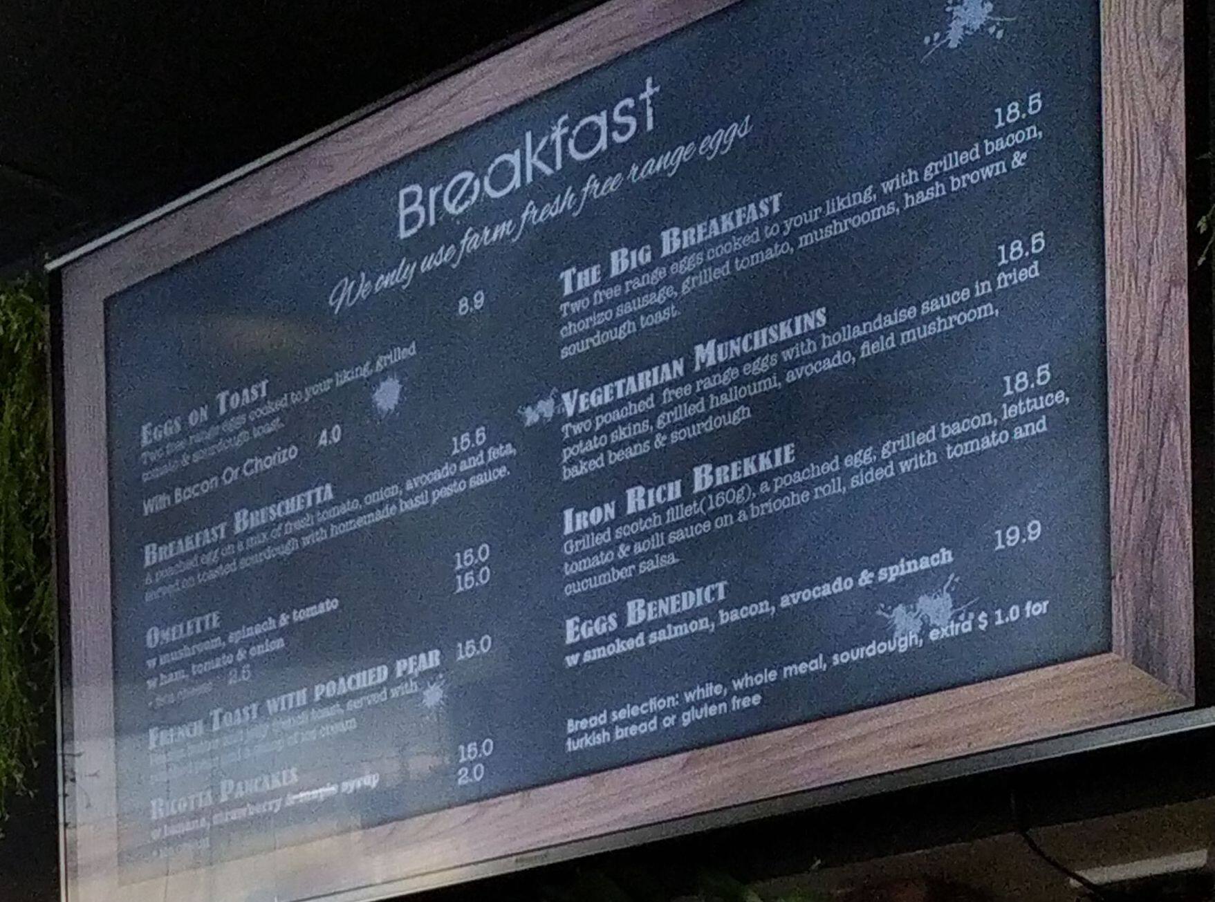 Menu at Incafe, Haymarket