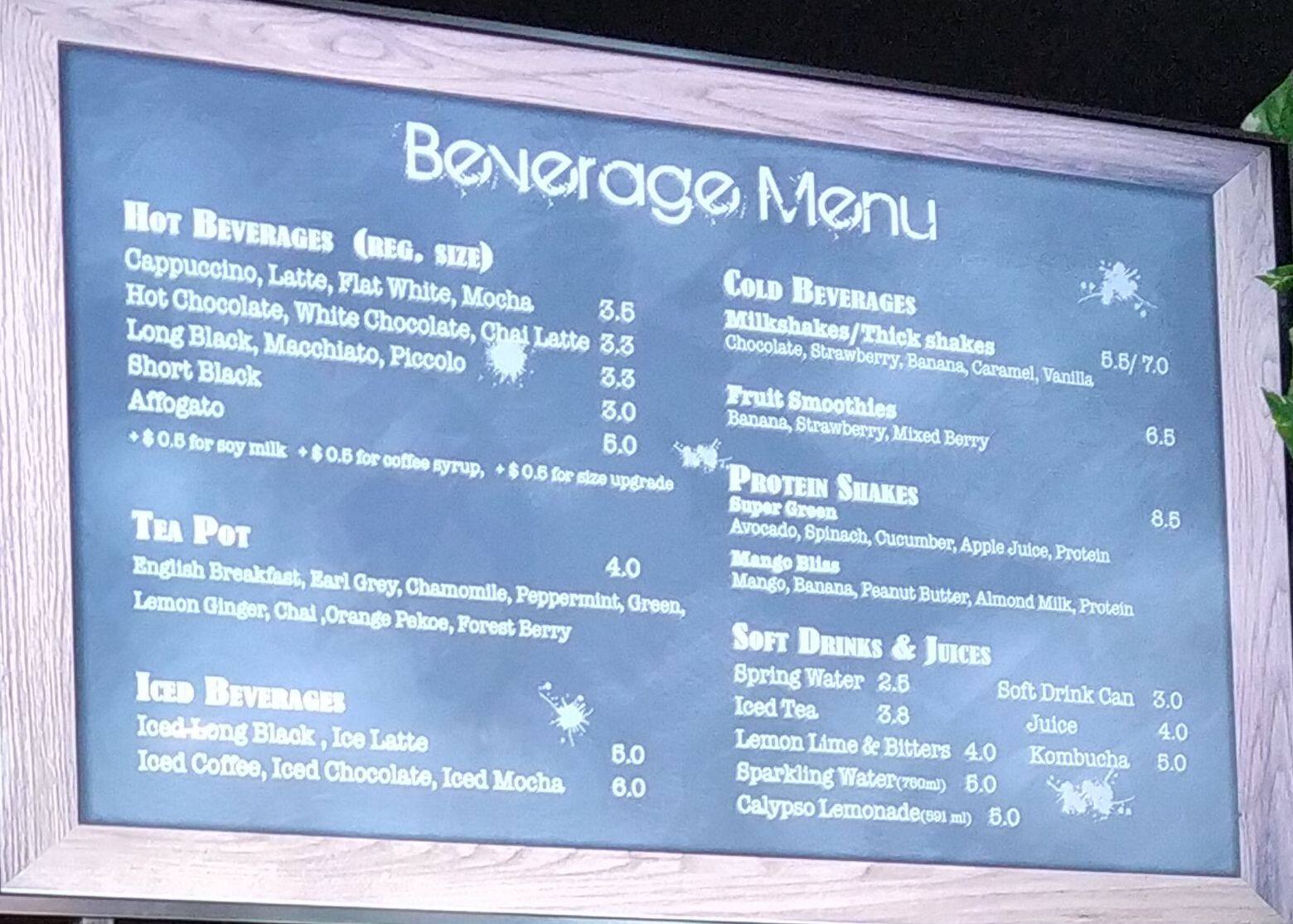 Menu at Incafe, Haymarket