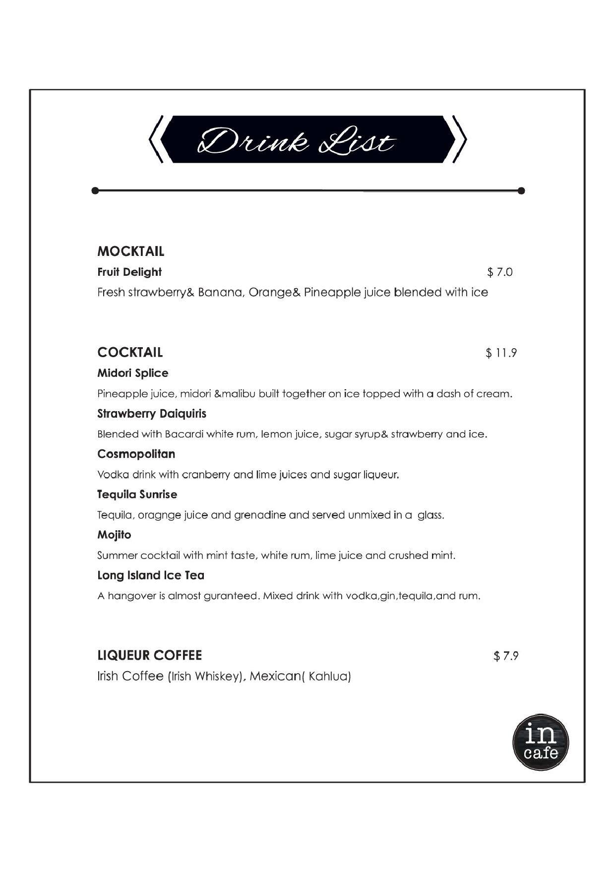 Menu at Incafe, Haymarket