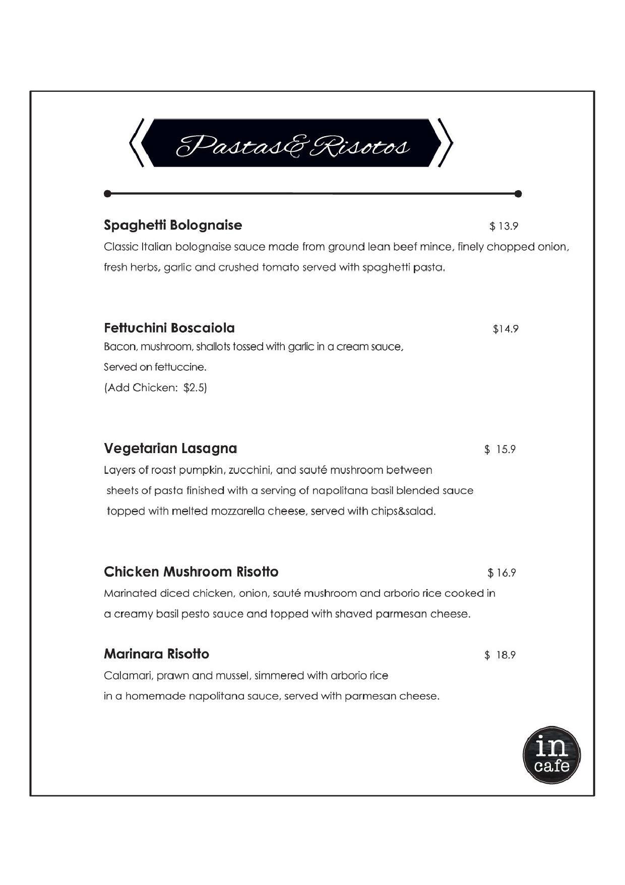 Menu at Incafe, Haymarket