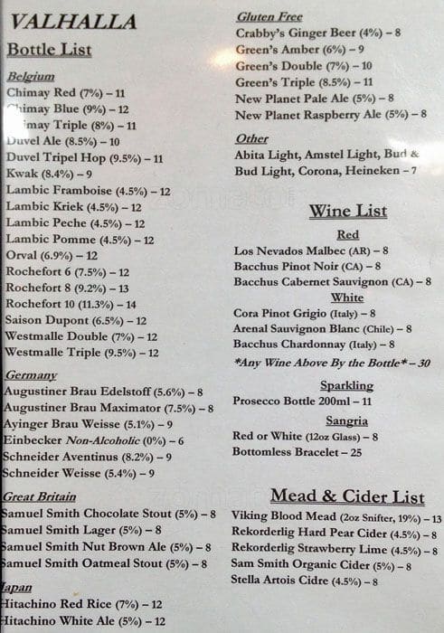 Menu at Valhalla NYC pub & bar, West New York, 815 9th Ave
