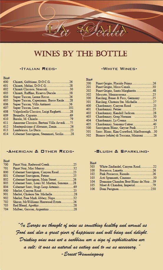 Menu at La Scala restaurant, Dublin
