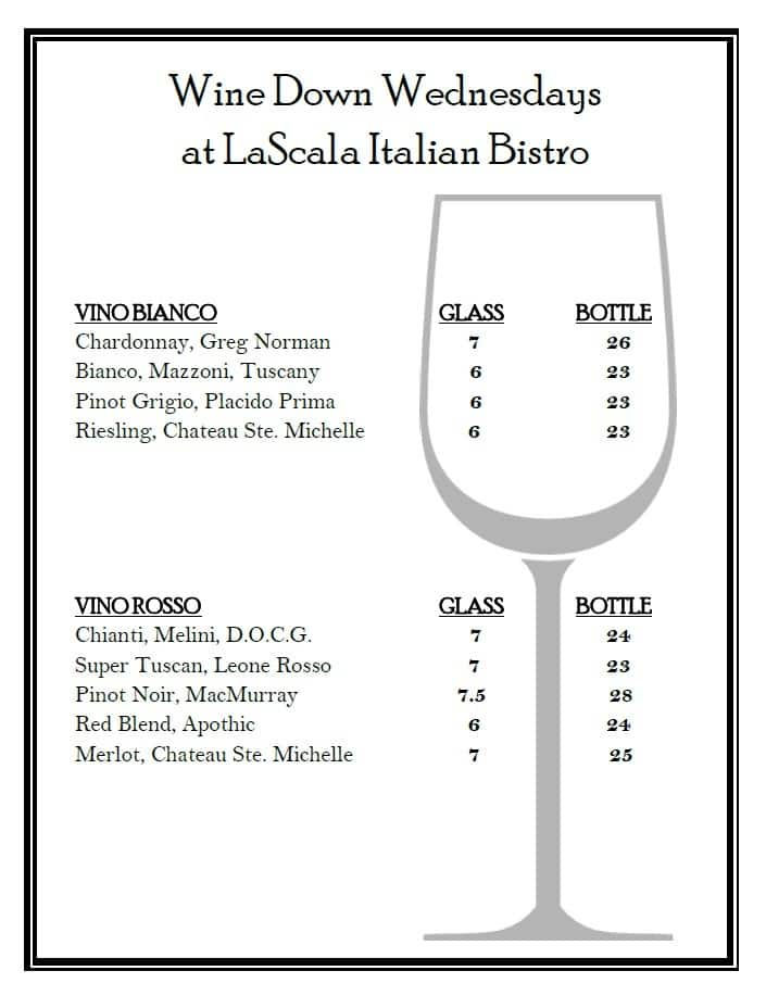 Menu at La Scala restaurant, Dublin