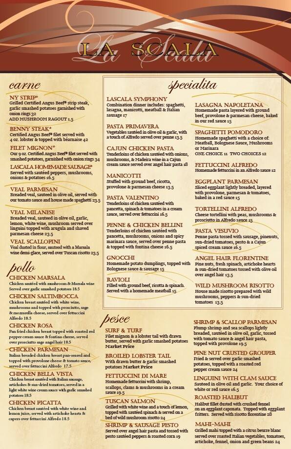 Menu at La Scala restaurant, Dublin