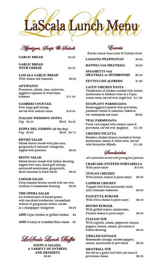 Menu at La Scala restaurant, Dublin