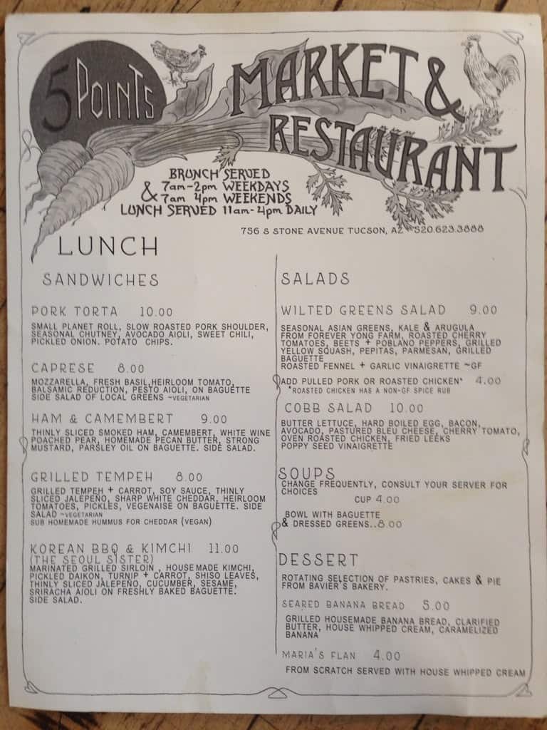 Menu at 5 Points Market & Restaurant, Tucson