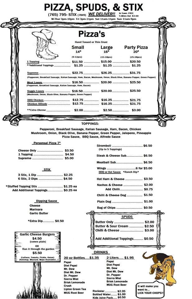 Pizza, Spuds & Stix Menu, Menu for Pizza, Spuds & Stix, Cloverdale ...