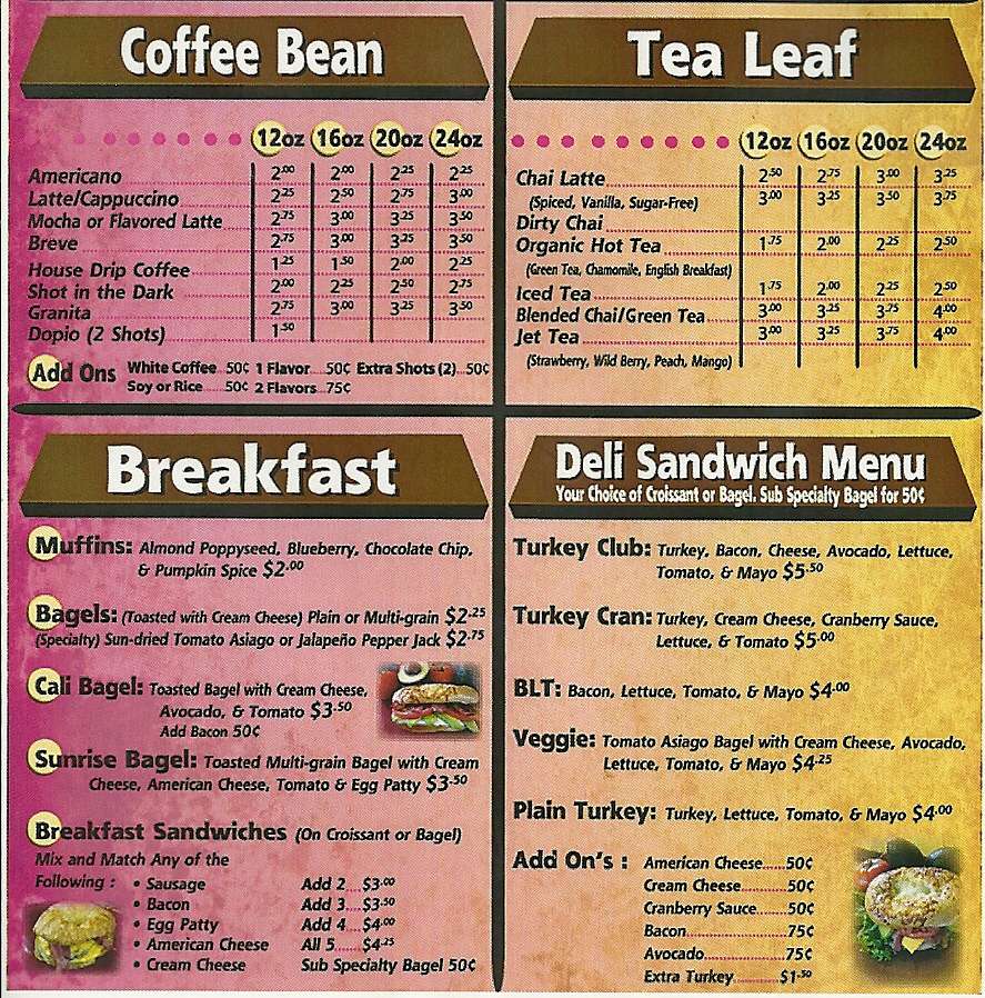 Menu at Lean Bean, Coeur d'Alene, Sherman Ave