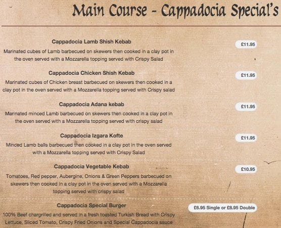 Menu at Cappadocia restaurant, London, London Road