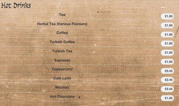 Menu at Cappadocia restaurant, London, London Road
