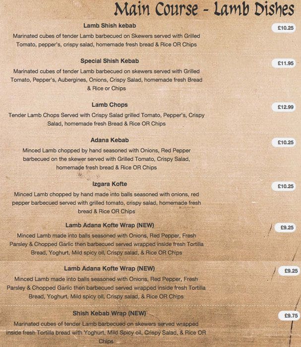 Menu at Cappadocia restaurant, London, London Road