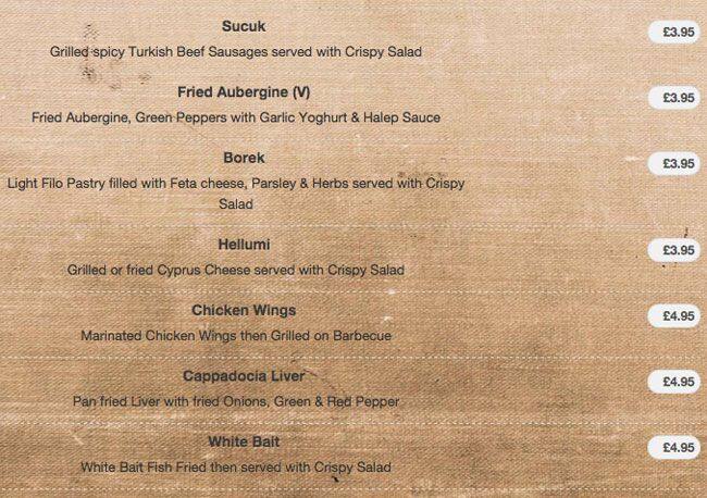 Menu at Cappadocia restaurant, London, London Road