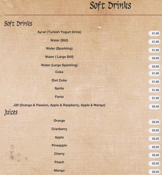 Menu at Cappadocia restaurant, London, London Road