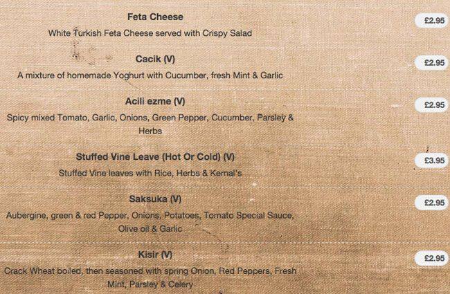 Menu at Cappadocia restaurant, London, London Road