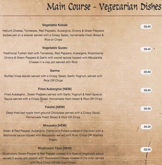 Menu at Cappadocia restaurant, London, London Road