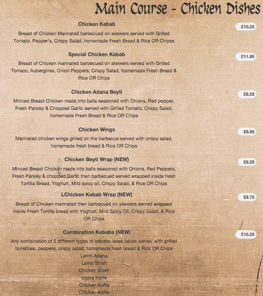 Menu at Cappadocia restaurant, London, London Road
