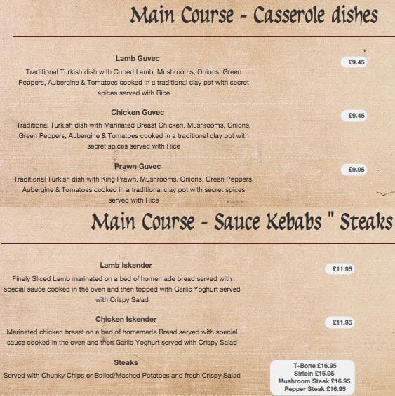 Menu at Cappadocia restaurant, London, London Road