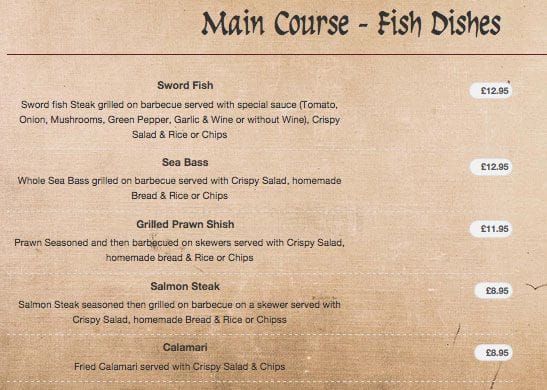 Menu at Cappadocia restaurant, London, London Road