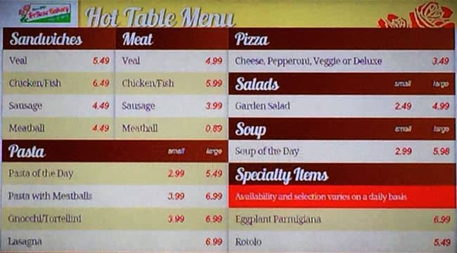 Menu at Tre Rose Bakery, Toronto