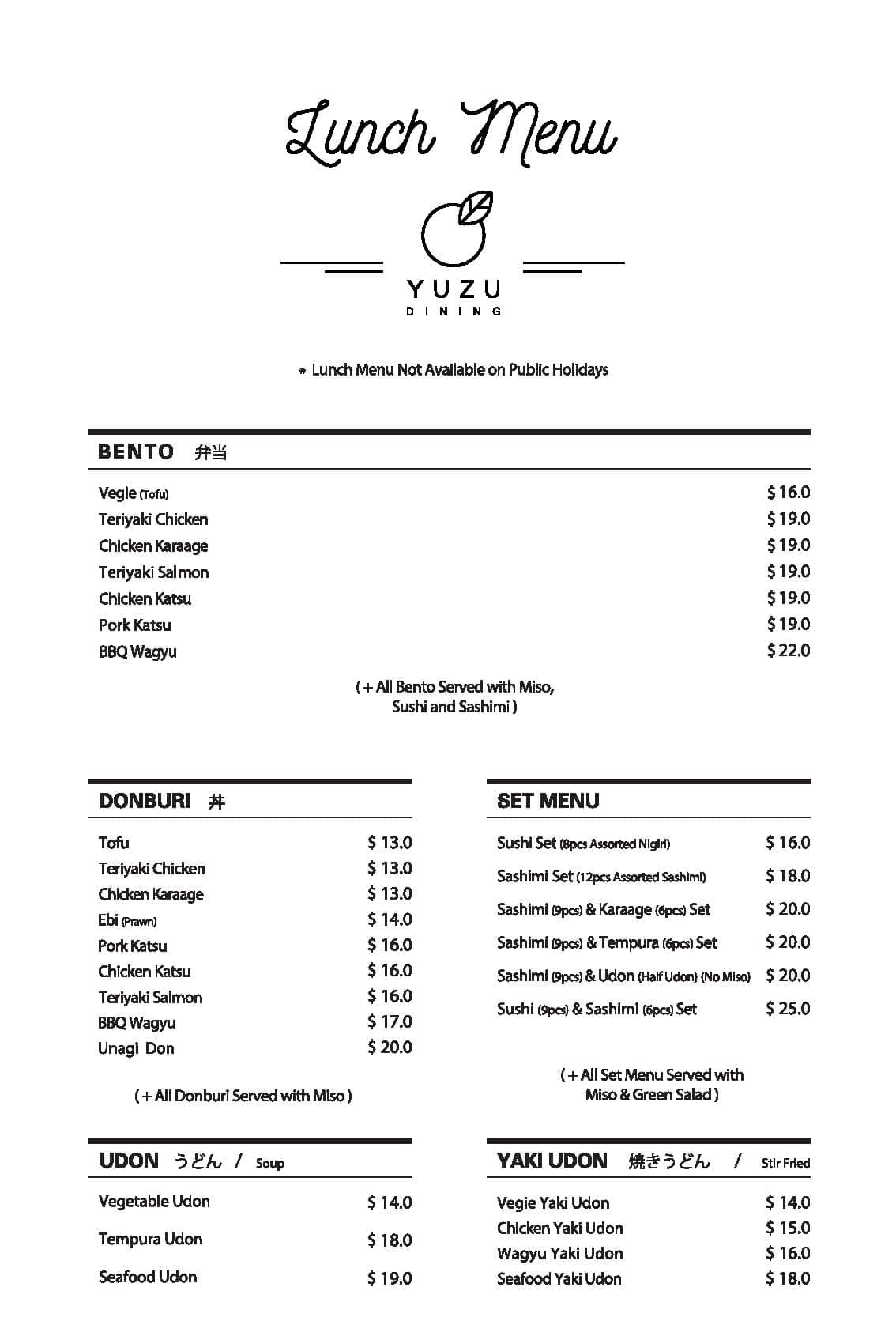 Menu at Yuzu North Strathfield restaurant, North Strathfield