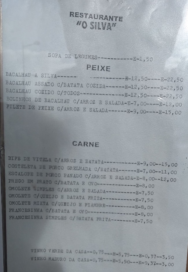 Menu at Restaurante O Silva, Vila Nova de Gaia