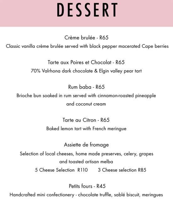 Menu at The Stack restaurant, Cape Town