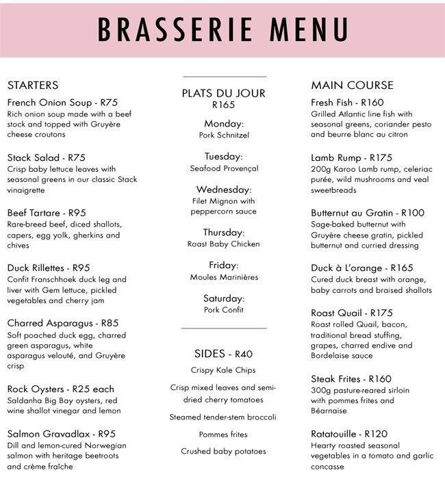 Menu at The Stack restaurant, Cape Town