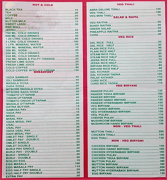 Menu of New Asra Restaurant, Mahakali, Mumbai