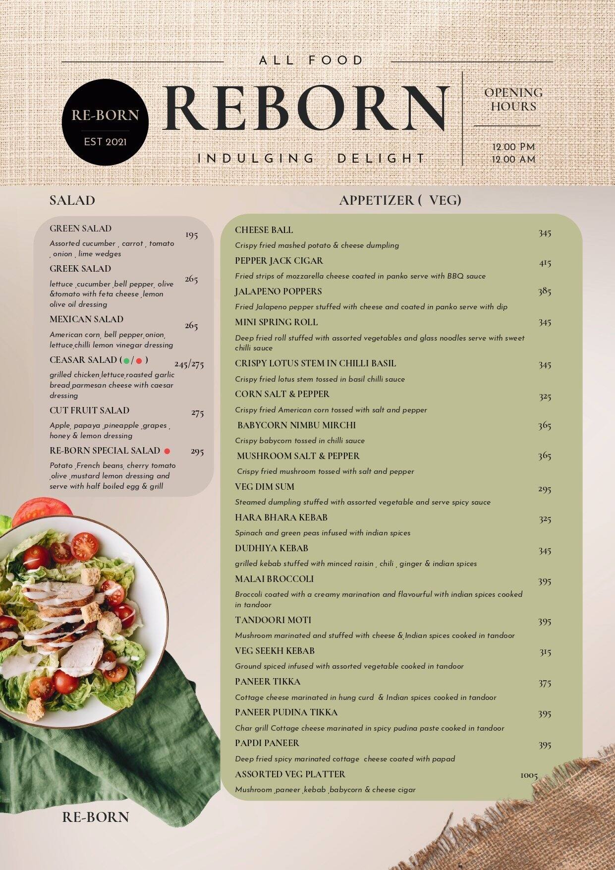 Menu of Re-Born, Patia, Bhubaneshwar