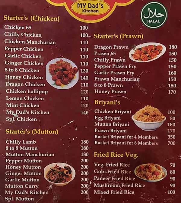 Menu at My dad's kitchen, Chennai