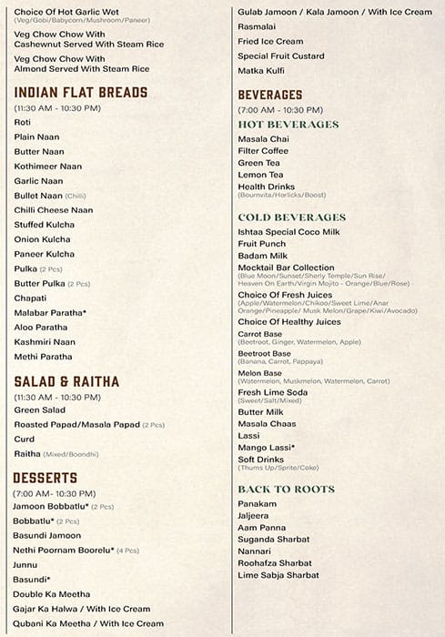 Menu at Ishtaa, Hyderabad