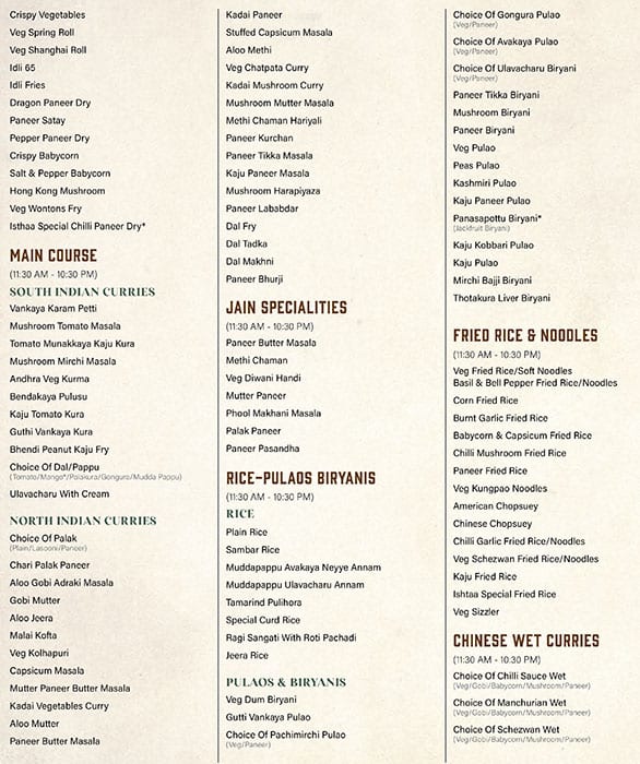 Menu at Ishtaa, Hyderabad