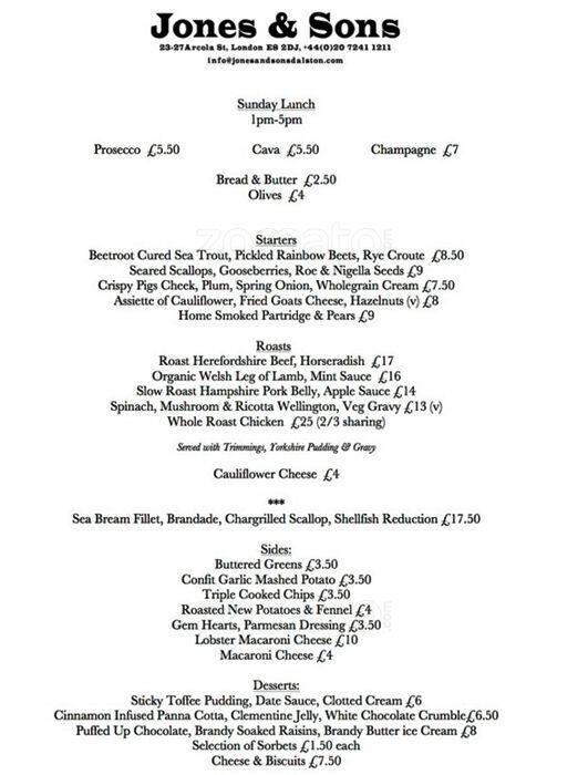 Menu at Jones & Sons restaurant, London, Stamford Works