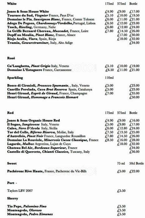 Menu at Jones & Sons restaurant, London, Stamford Works