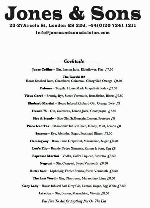 Menu at Jones & Sons restaurant, London, Stamford Works