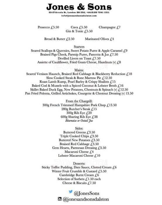 Menu at Jones & Sons restaurant, London, Stamford Works